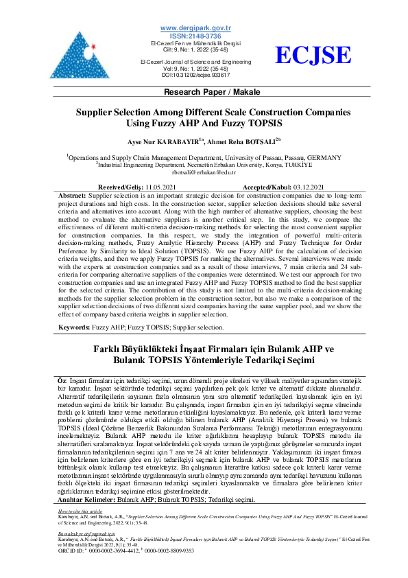 Pdf Supplier Selection Among Different Scale Construction Companies Using Fuzzy Ahp And Fuzzy