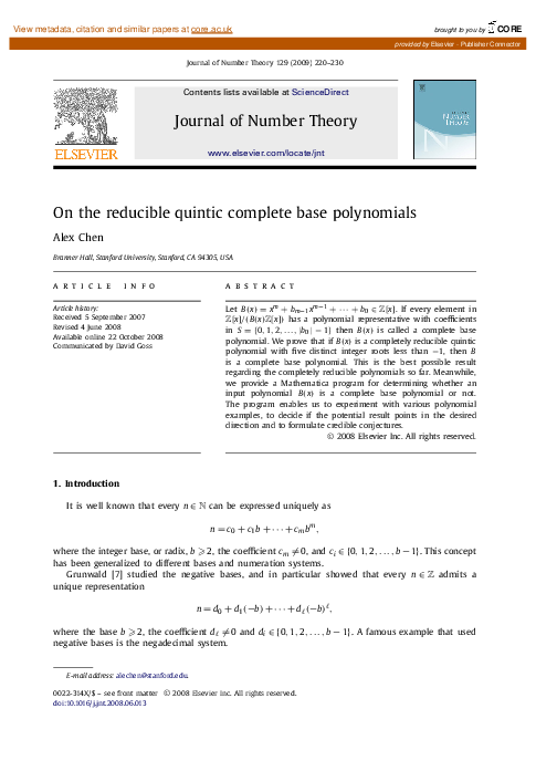 (PDF) On the reducible quintic complete base polynomials