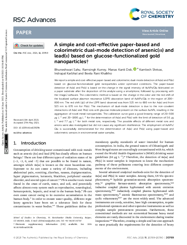 Pdf A Simple And Cost Effective Paper Based And Colorimetric Dual Mode Detection Of Arsenic