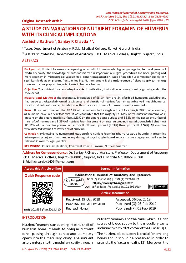 (PDF) A Study on Variations of Nutrient Foramen of Humerus with Its ...