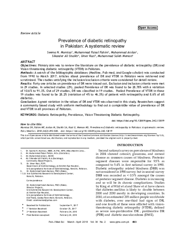 Prevalence Of Diabetic Retinopathy In Pakistan A Systematic Review