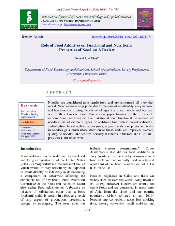 (PDF) Role of Food Additives on Functional and Nutritional Properties of Noodles: A Review
