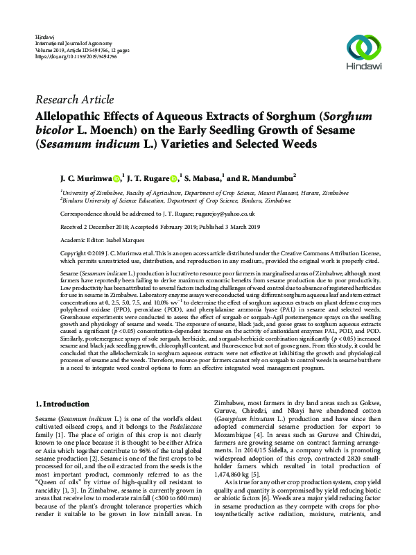 (PDF) Allelopathic Effects of Aqueous Extracts of Sorghum (Sorghum bicolor L. Moench) on the ...