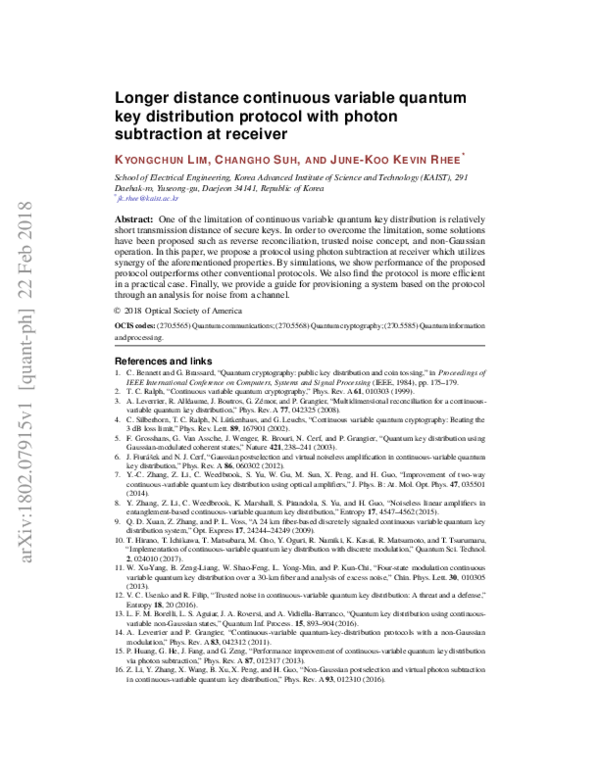 (PDF) Longer distance continuous variable quantum key distribution protocol with photon ...