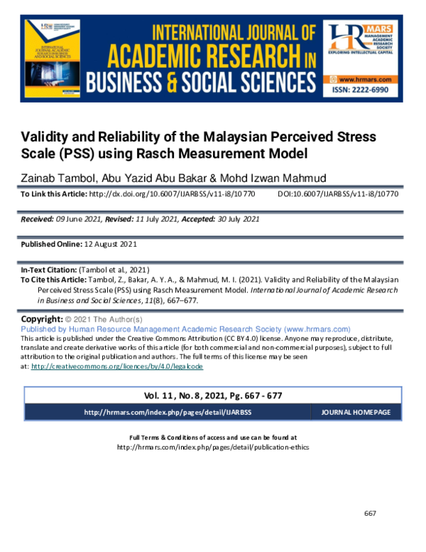 (PDF) Validity and Reliability of the Malaysian Perceived Stress Scale (PSS) using Rasch ...