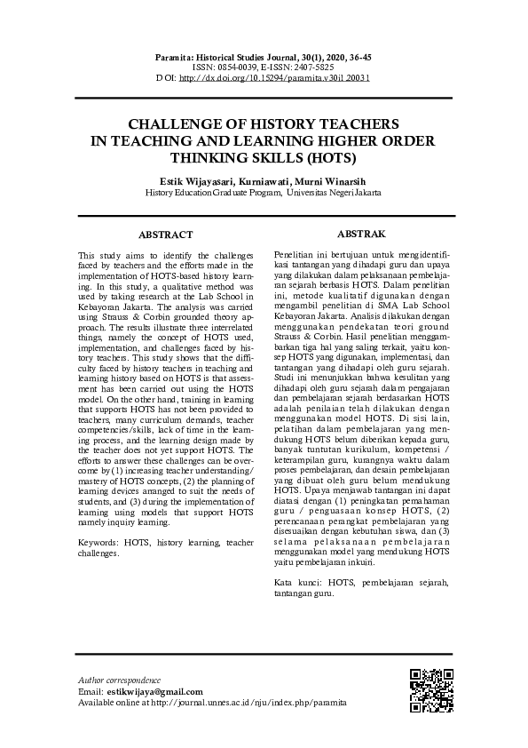 (PDF) Challenge of History Teachers in Teaching and Learning Higher Order Thinking Skills (HOTS)
