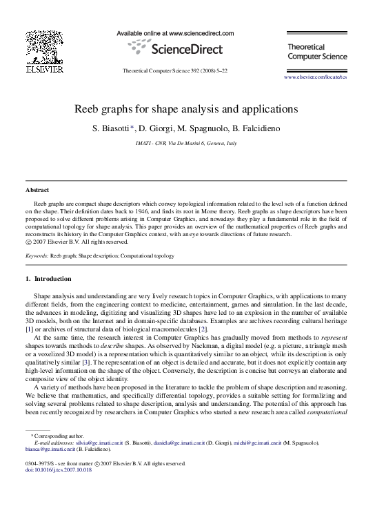 (PDF) Reeb graphs for shape analysis and applications | Bianca Falcidieno - Academia.edu