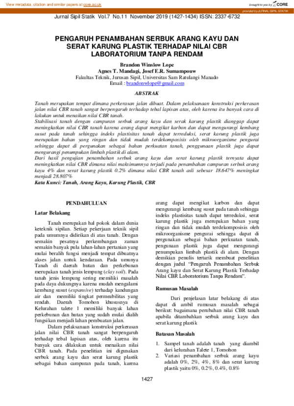 (PDF) Pengaruh Penambahan Serbuk Arang Kayu Dan Serat Karung Plastik Terhadap Nilai CBR ...