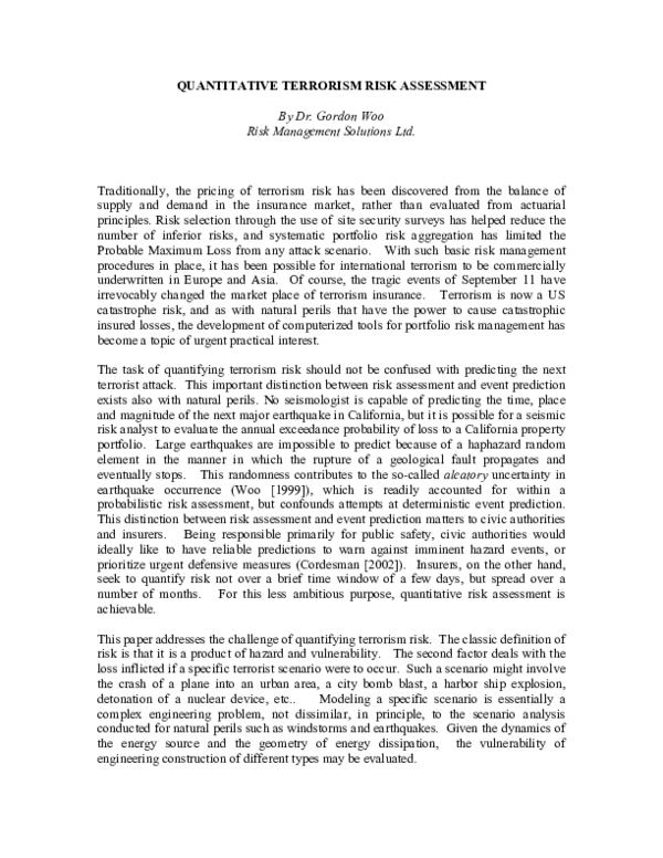 (PDF) Quantitative Terrorism Risk Assessment