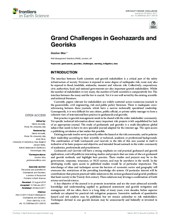 (PDF) Grand Challenges in Geohazards and Georisks