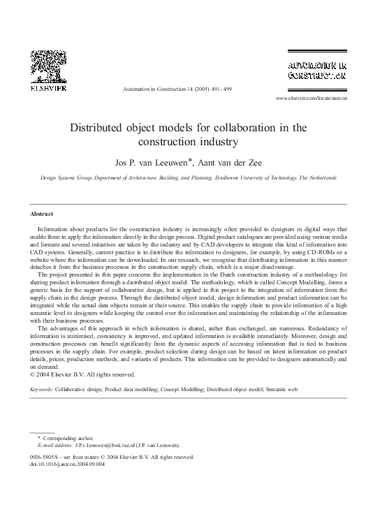Pdf Distributed Object Models For Collaboration In The Construction