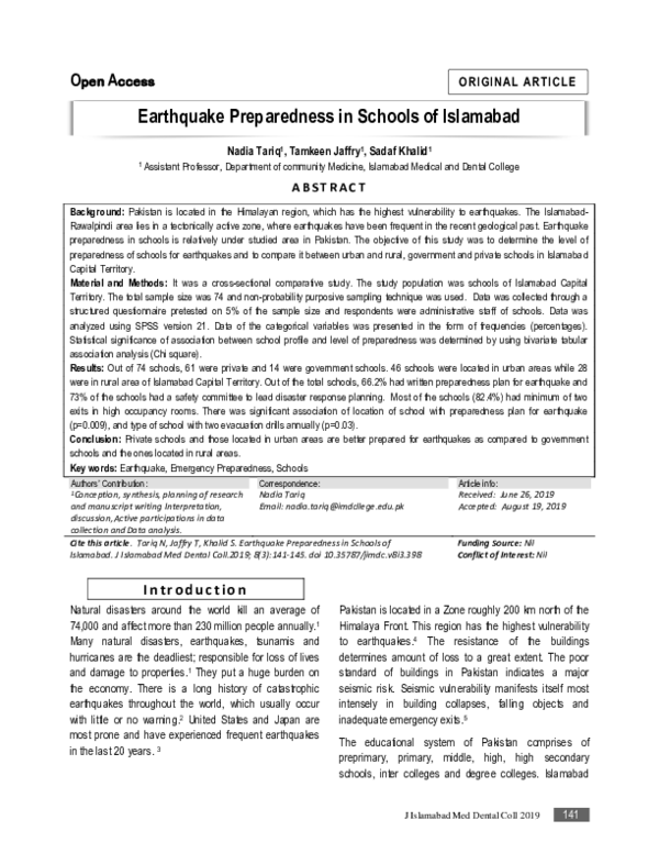 (PDF) Earthquake Preparedness in Schools of Islamabad
