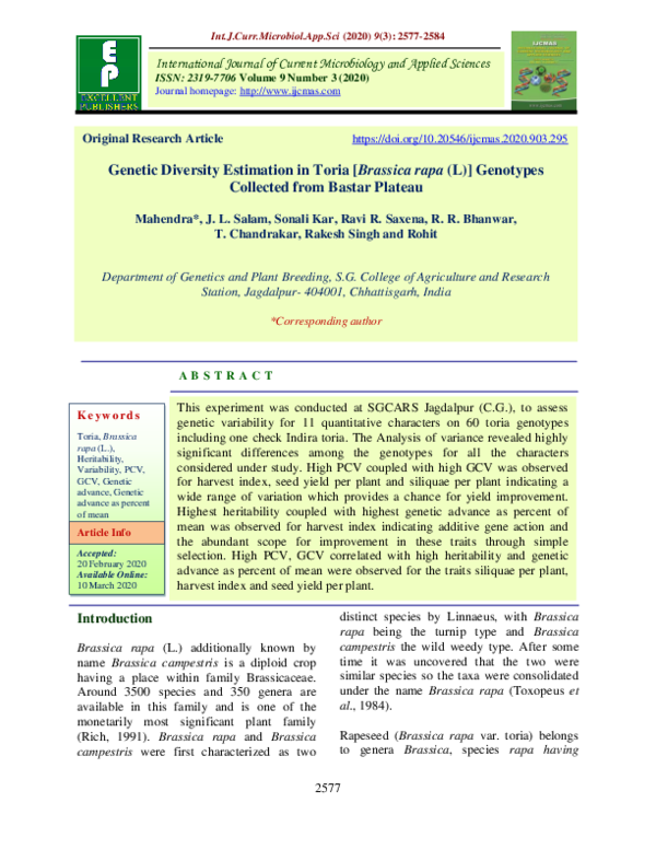 (PDF) Genetic Diversity Estimation in Toria [Brassica rapa (L)] Genotypes Collected from Bastar ...