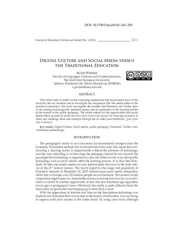 (PDF) Digital Culture and Social Media versus the Traditional Education