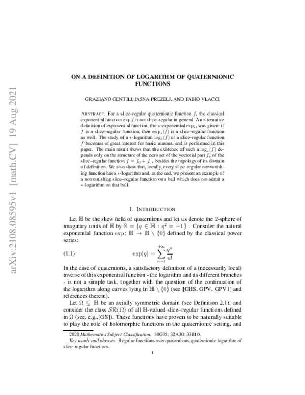 (PDF) On a definition of logarithm of quaternionic functions