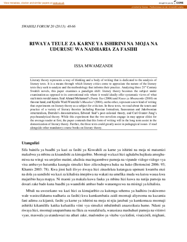 (PDF) Riwaya Teule za Karne ya Ishirini na Moja na Udurusu wa Nadharia ...