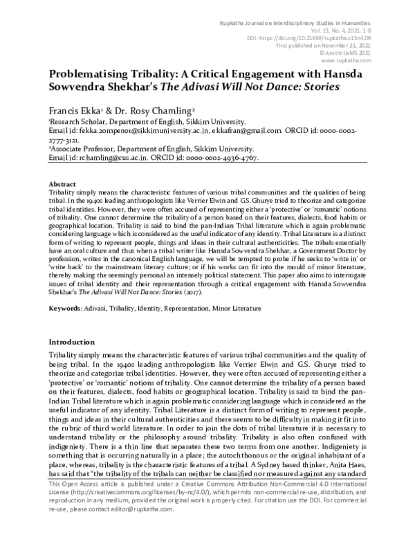 (PDF) Problematising Tribality: A Critical Engagement with Hansda Sowvendra Shekhar’s The ...