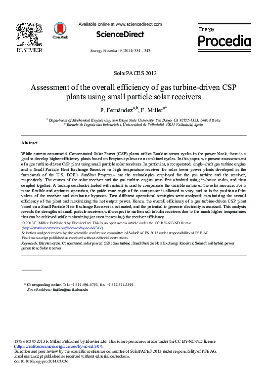 (PDF) Assessment of the Overall Efficiency of Gas Turbine-driven CSP Plants Using Small Particle ...