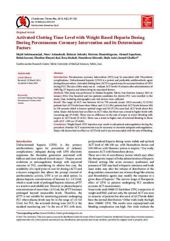 (PDF) Activated clotting time level with weight based heparin dosing ...