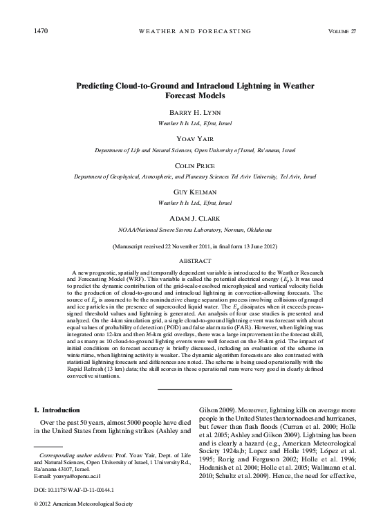 (PDF) Predicting Cloud-to-Ground and Intracloud Lightning in Weather Forecast Models