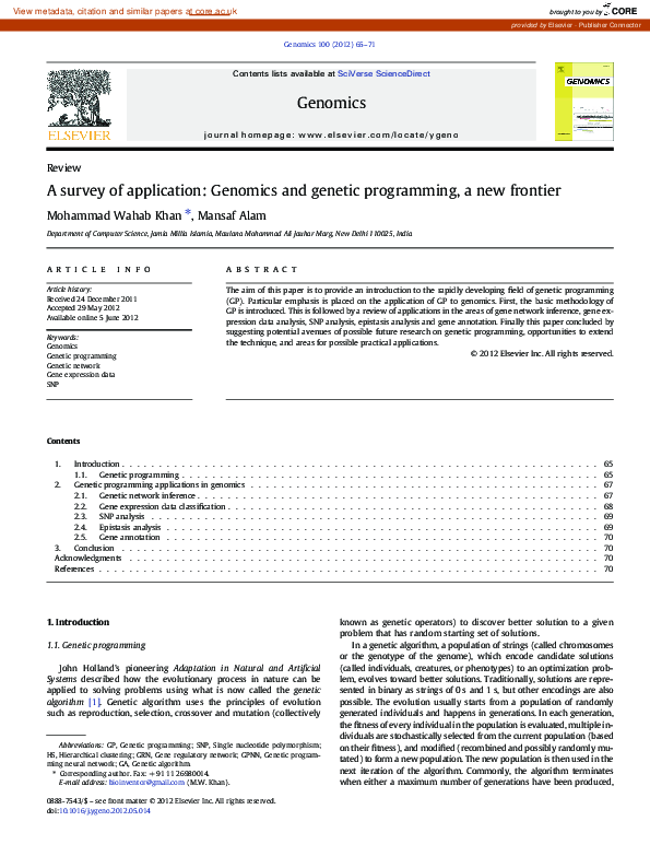(PDF) A survey of application: Genomics and genetic programming, a new frontier