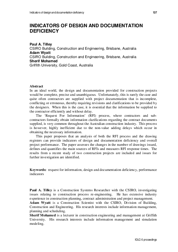 (PDF) Indicators of design and documentation deficiency