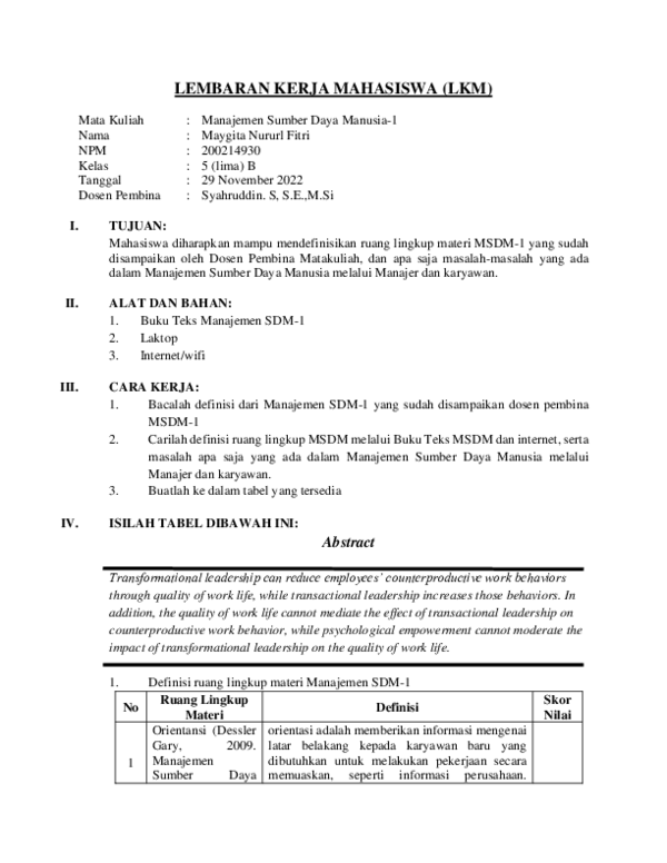 (PDF) LEMBARAN KERJA MAHASISWA (LKM