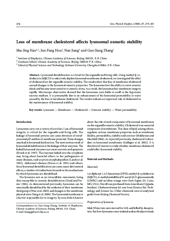 (PDF) Loss of membrane cholesterol affects lysosomal osmotic stability ...