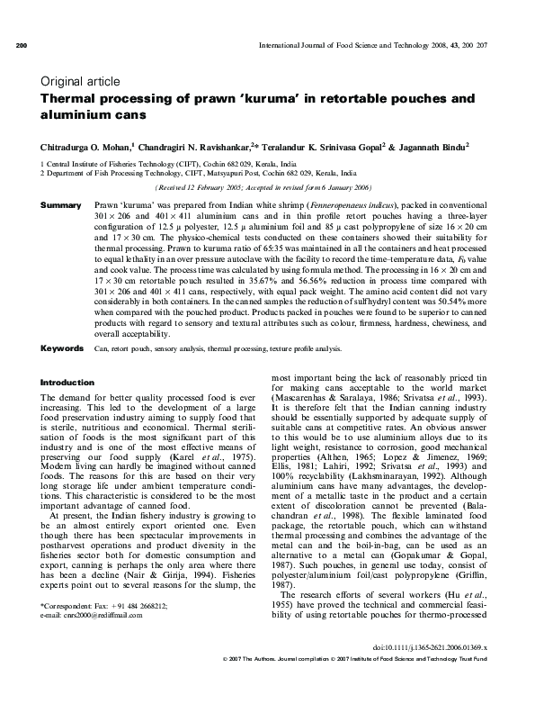 (PDF) Thermal processing of prawn ‘kuruma’ in retortable pouches and aluminium cans | Mohan Co ...