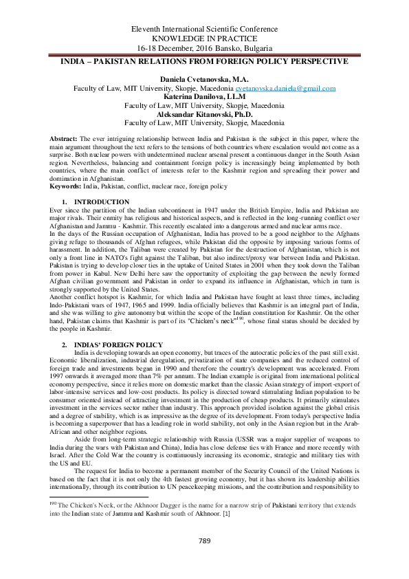 (PDF) India – Pakistan Relations from Foreign Policy Perspective