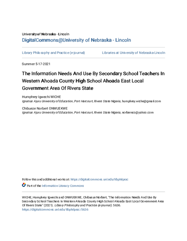 (PDF) The Information Needs And Use By Secondary School Teachers In ...