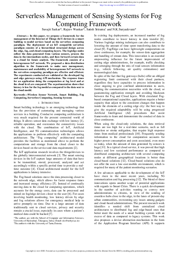 (PDF) Serverless Management of Sensing Systems for Fog Computing Framework