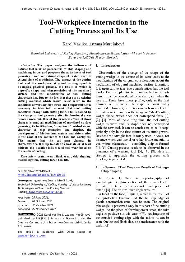 (PDF) Tool-Workpiece Interaction in the Cutting Process and Its Use