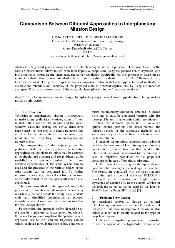 (PDF) Comparison Between Different Approaches to Interplanetary Mission Design