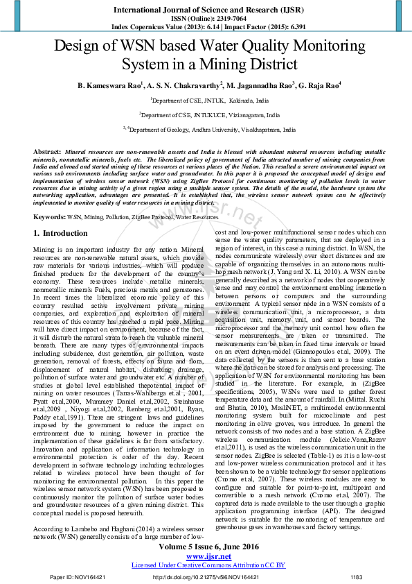 (PDF) Design of WSN based Water Quality Monitoring System in a Mining District