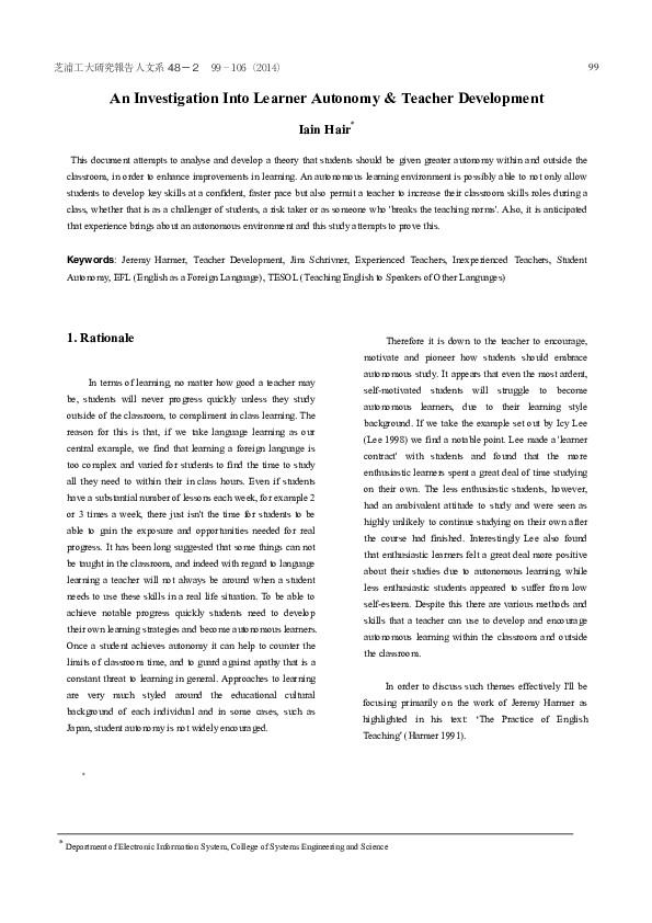 (PDF) An Investigation Into Learner Autonomy & Teacher Development