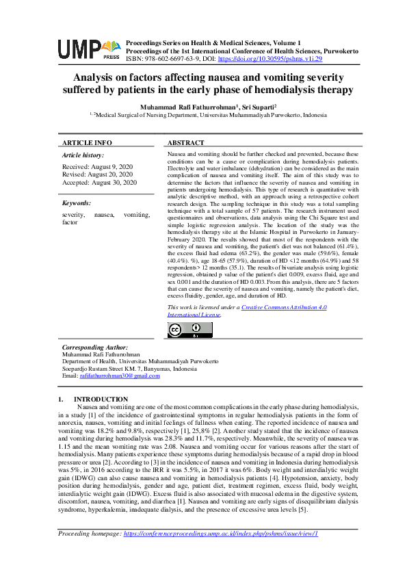 Pdf Analysis On Factors Affecting Nausea And Vomiting Severity Suffered By Patients In The