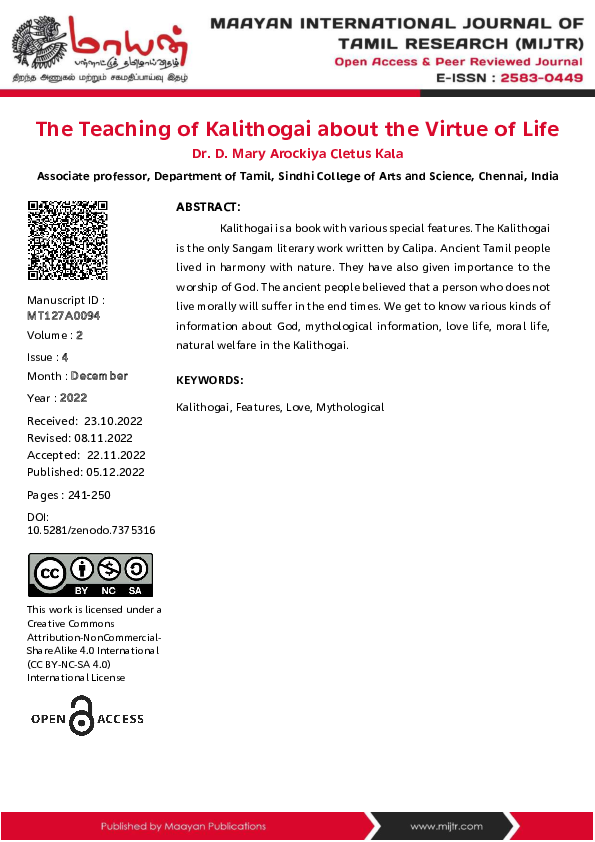 (PDF) The Teaching of Kalithogai about the Virtue of Life