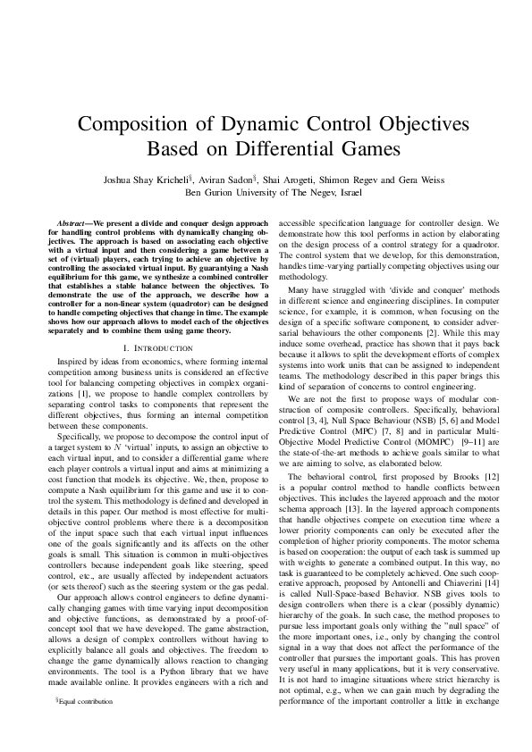 (PDF) Composition of Dynamic Control Objectives Based on Differential Games