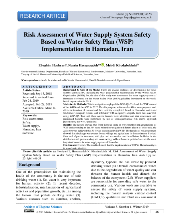 (PDF) Risk Assessment of Water Supply System Safety Based on Water ...