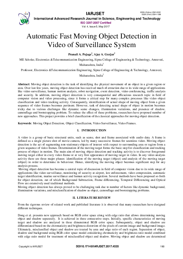 (PDF) Automatic Fast Moving Object Detection in Video of Surveillance System