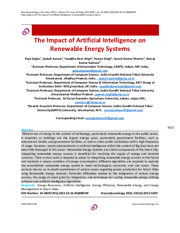 Pdf The Impact Of Artificial Intelligence On Renewable Energy Systems