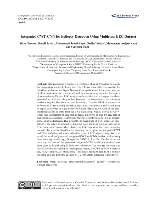 (PDF) Integrated CWT-CNN for Epilepsy Detection Using Multiclass EEG Dataset