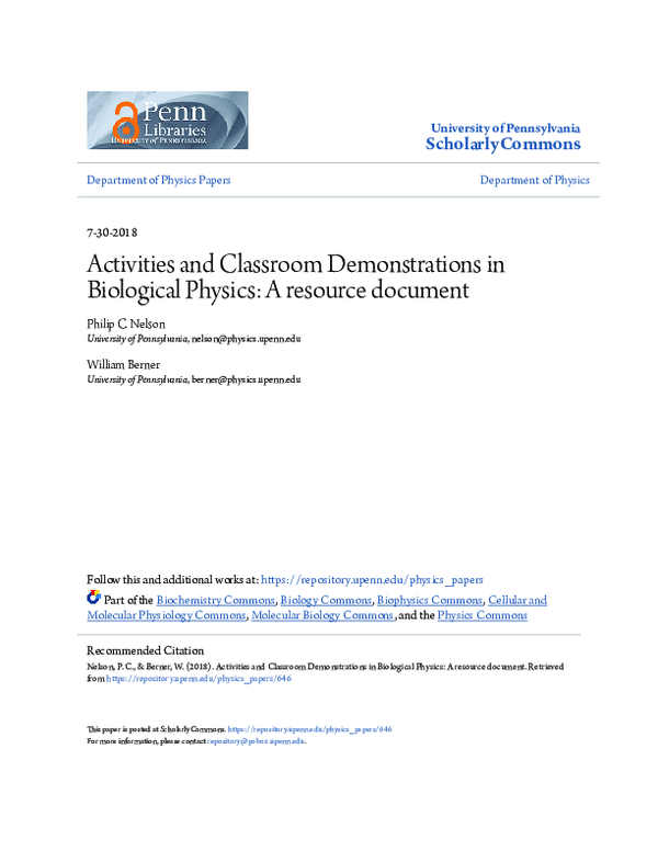 (PDF) Activities and Classroom Demonstrations in Biological Physics: A resource document