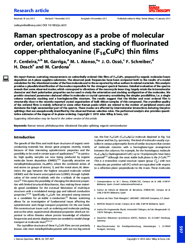 (PDF) Raman spectroscopy as a probe of molecular order, orientation ...