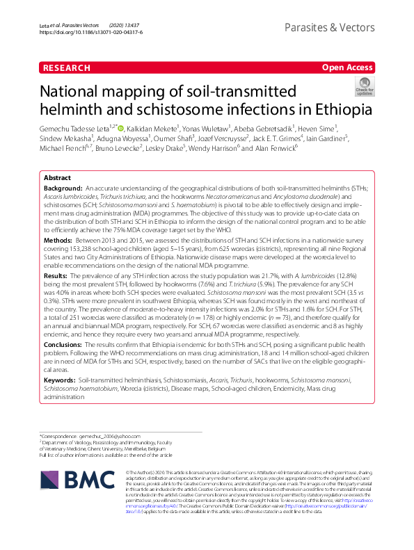(PDF) National mapping of soil-transmitted helminth and schistosome infections in Ethiopia