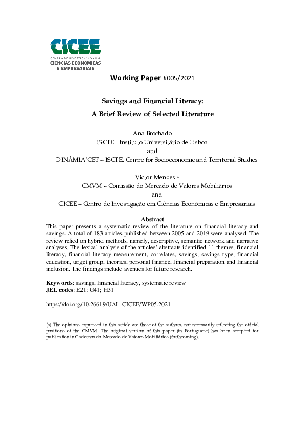 (PDF) Savings and financial literacy: a brief review of selected literature