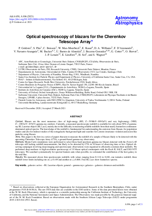 (PDF) Optical spectroscopy of blazars for the Cherenkov Telescope Array