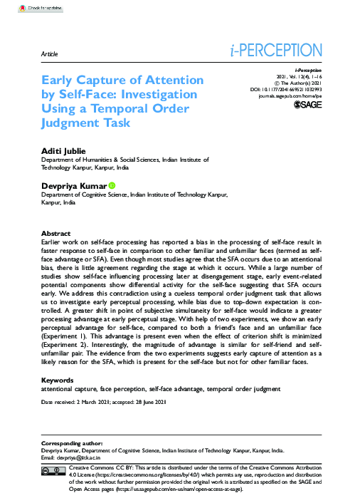 (PDF) Early Capture of Attention by Self-Face: Investigation Using a Temporal Order Judgment Task