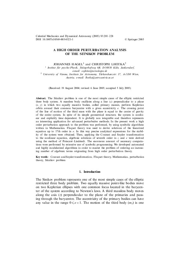 (PDF) A High Order Perturbation Analysis of the Sitnikov Problem ... (PDF) A High Order Perturbation Analysis of the Sitnikov Problem ...